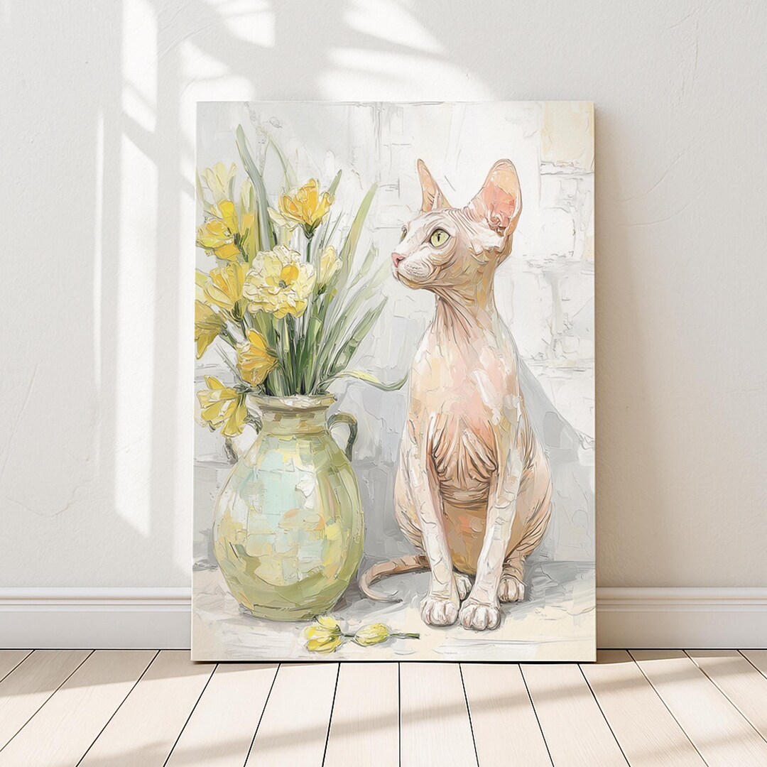 Cream Sphynx Cat Art Print, Elegant Floral Vase, Modern Decor ...