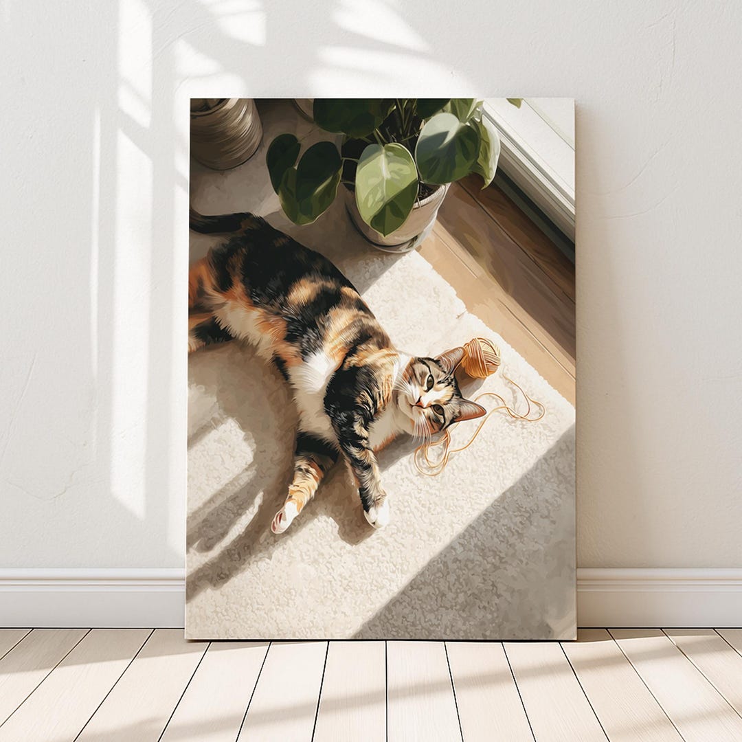 Tortishell Cat Art Print, Playing With Yarn, Sunlit Scene, Cheerful ...