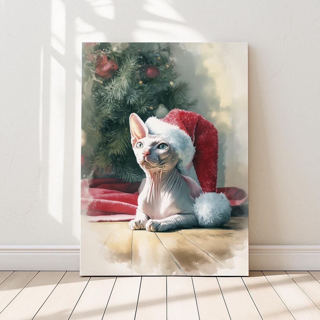 Sphynx Cat in Santa Hat | Festive Holiday Cat Wall Art | Purrfect ...