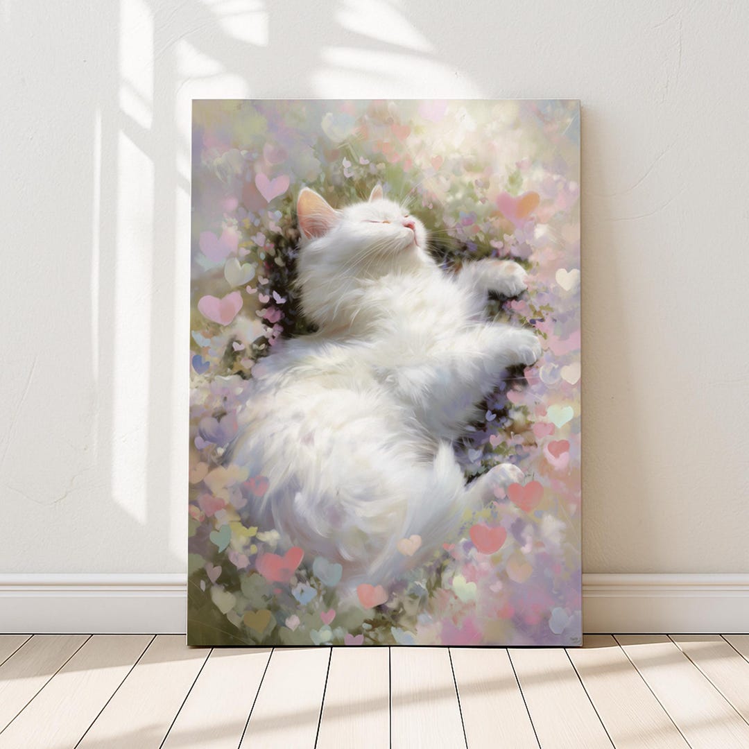 White Longhair Cat Art Print, Sleeping in Heart Meadow, Romantic Dreamy ...