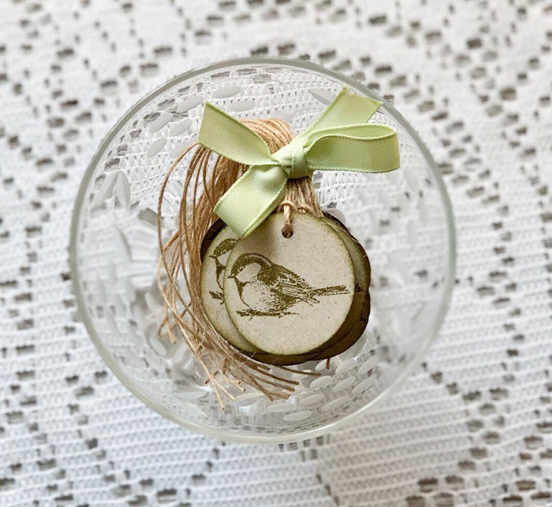 Handmade | Vintage Bird | Vintage Green | Circle Tags | Set of 12 ...