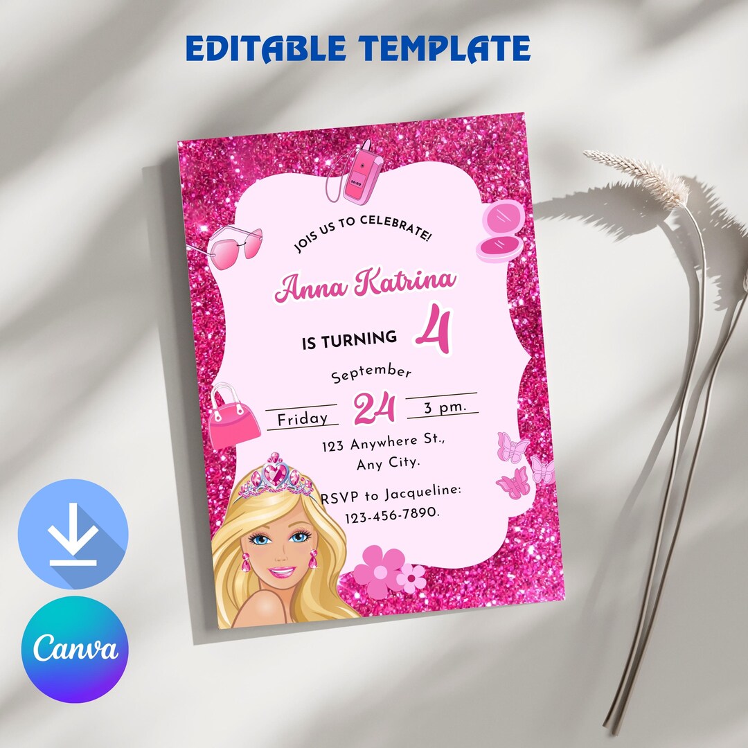 Barbie Birthday Invitation Template | Pink Glitter Party Invite for ...
