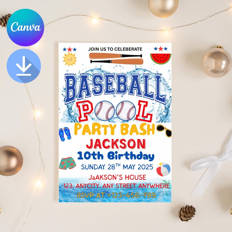 Editable Baseball Pool Birthday Party Invitation, Summer Pool Party ...