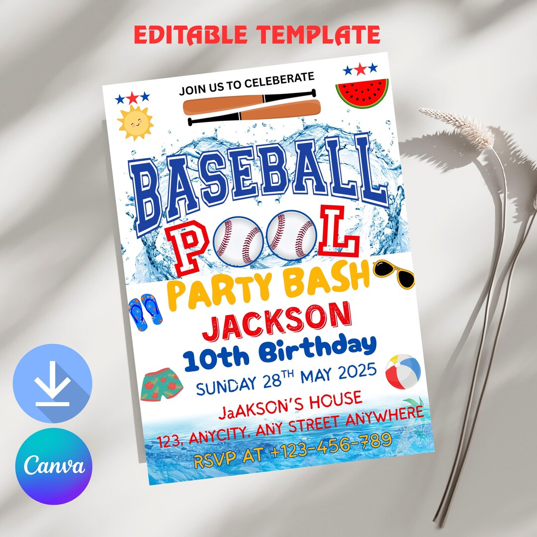 Editable Baseball Pool Birthday Party Invitation, Summer Pool Party ...