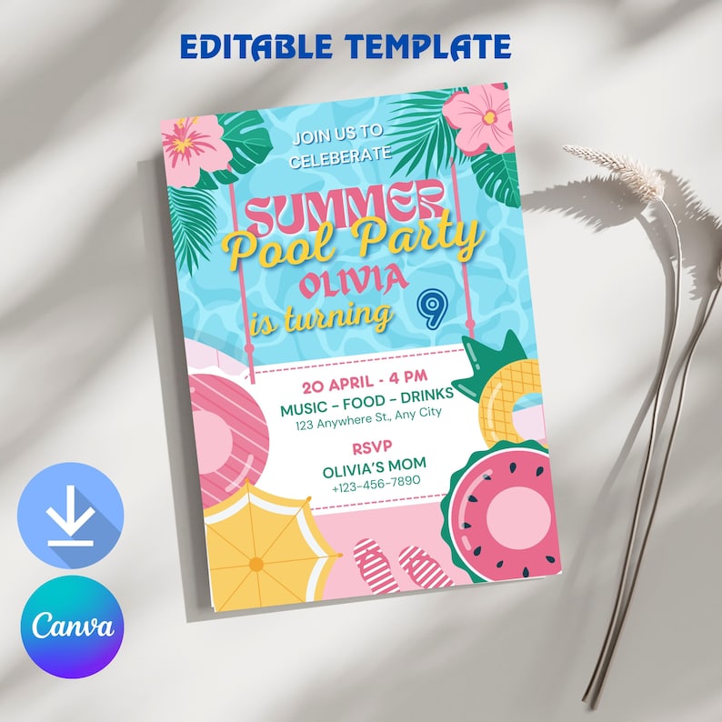 Editable Preppy Pool Party Girl Birthday Invitation Preppy Birthday ...