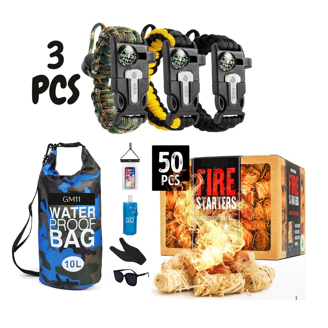 Camping Survival Kit: 50 Fire Starters, 3 Paracord Bracelets, 10L ...