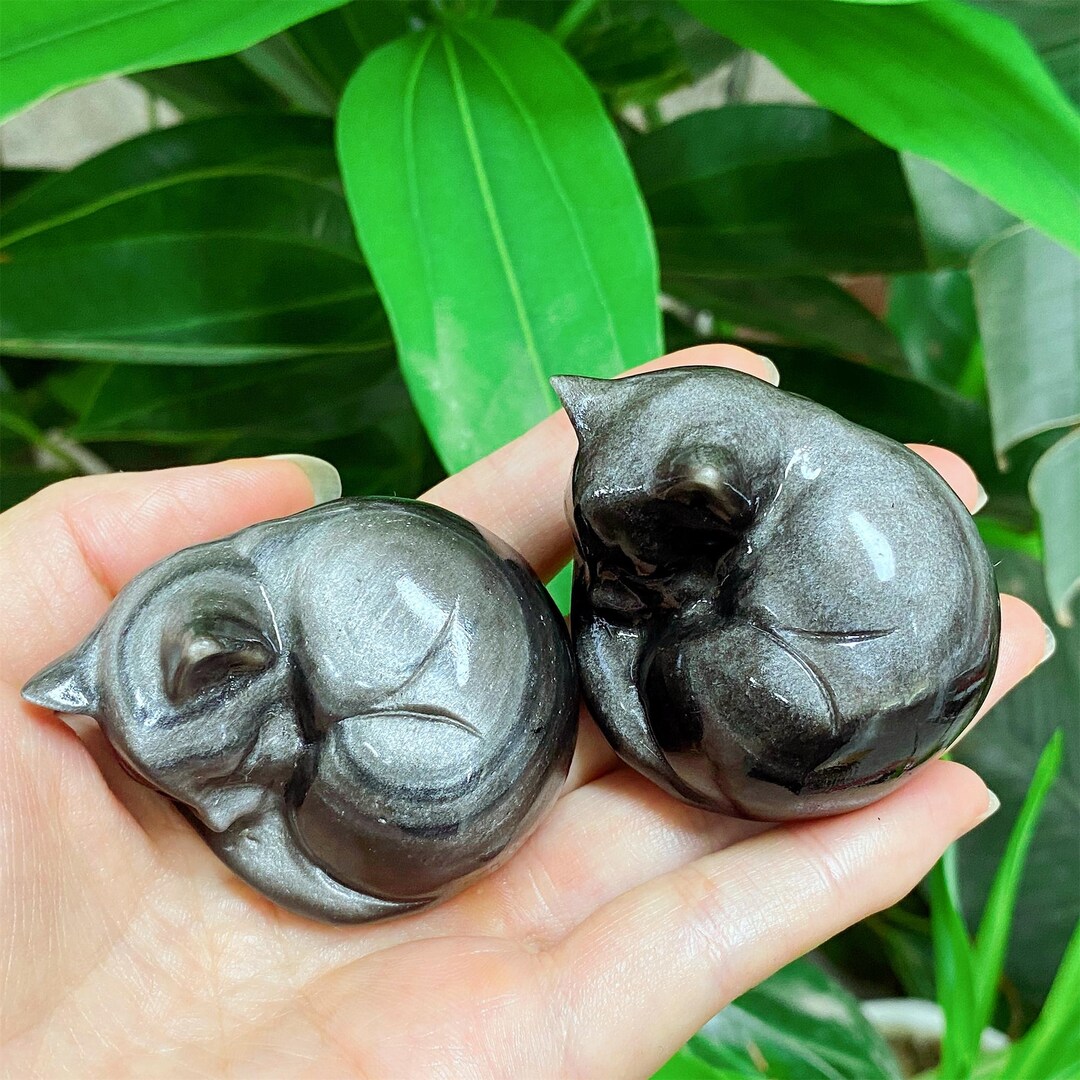 2.4" Natural Silver Obsidian Sleeping Cat , Quartz Crystal Sleeping Cat ...