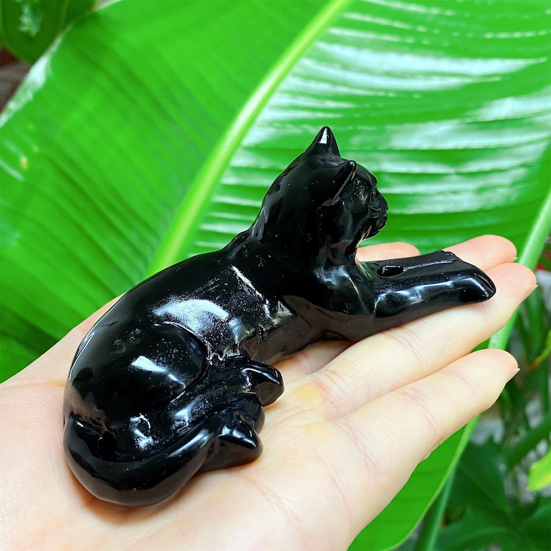 Hand Carved Obsidian Cat Figurine: Crystal Healing Decor, 4.3" - Etsy
