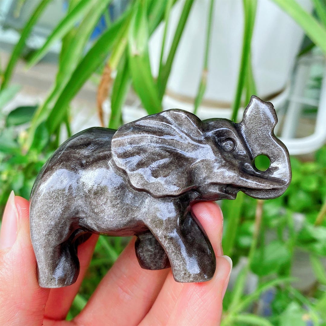 Carved Silver Obsidian Elephant: Crystal Animal Sculpture, Home Decor ...