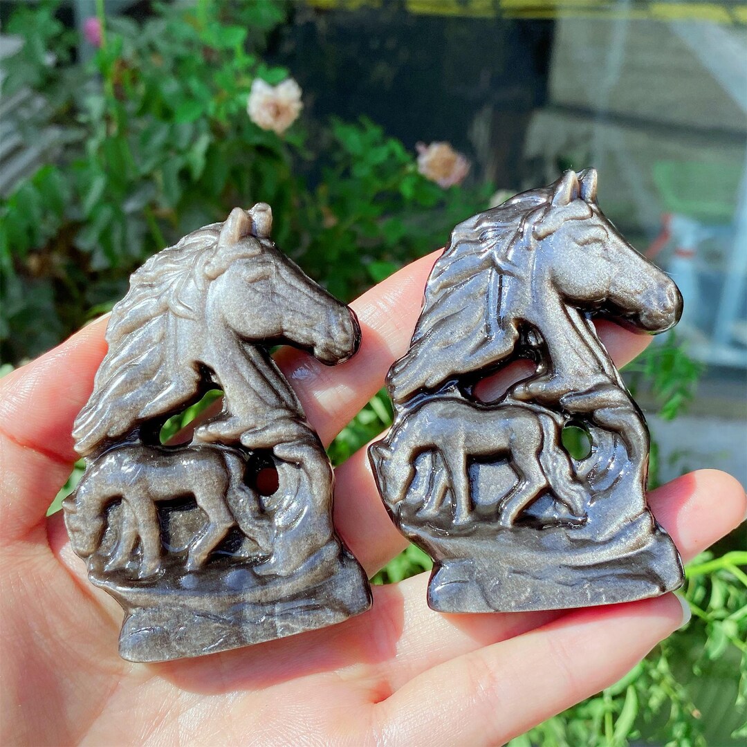 Carved Silver Obsidian Horse: Crystal Animal Sculpture, Reiki Healing ...