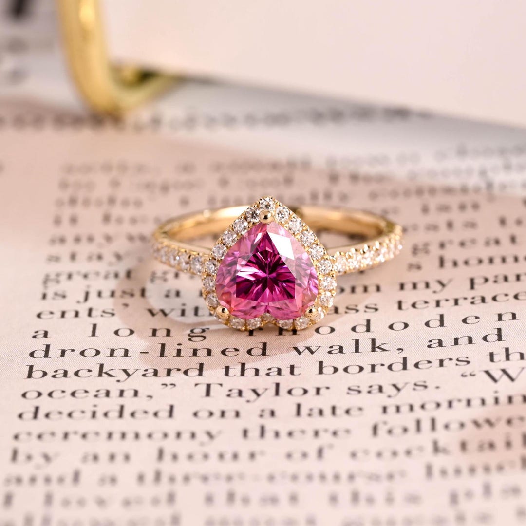 Solid Gold Heart Cut Pink Moissanite Engagement Ring, Holo Pave Promise ...