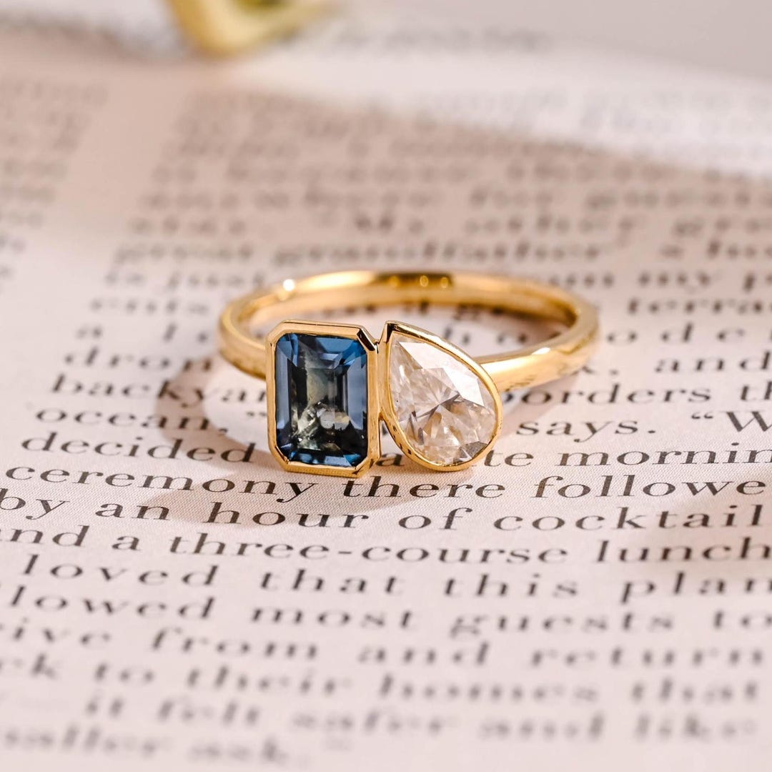 Solid Gold Toi Et Moi Emerald Cut Blue Topza & Pear Cut Moissanite ...