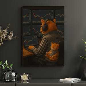 Stock Market Cat Wall Art Set, Funny Finance Office Decor, Trader Gift ...
