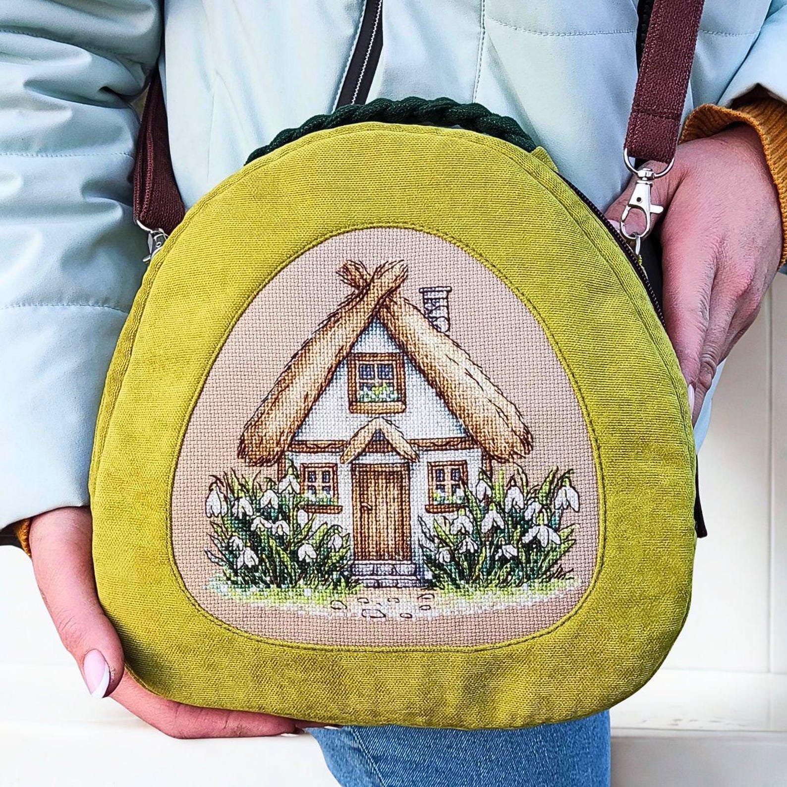 Handmade Embroidered Bag - Cottagecore Purse - Cross Stitch House Bag ...