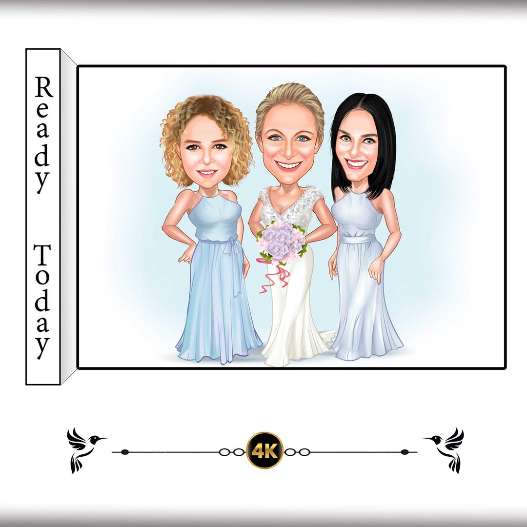 Custom Wedding Caricature - Bride & Bridesmaids Cartoon Illustration ...