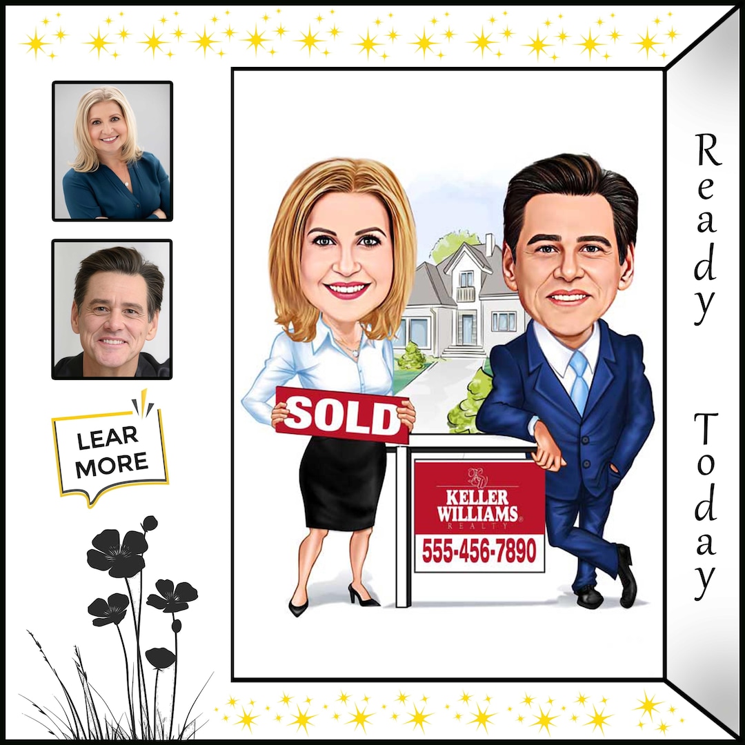 Custom Couple Realtor Cartoon | Real Estate Agent Sold Sign Portrait ...