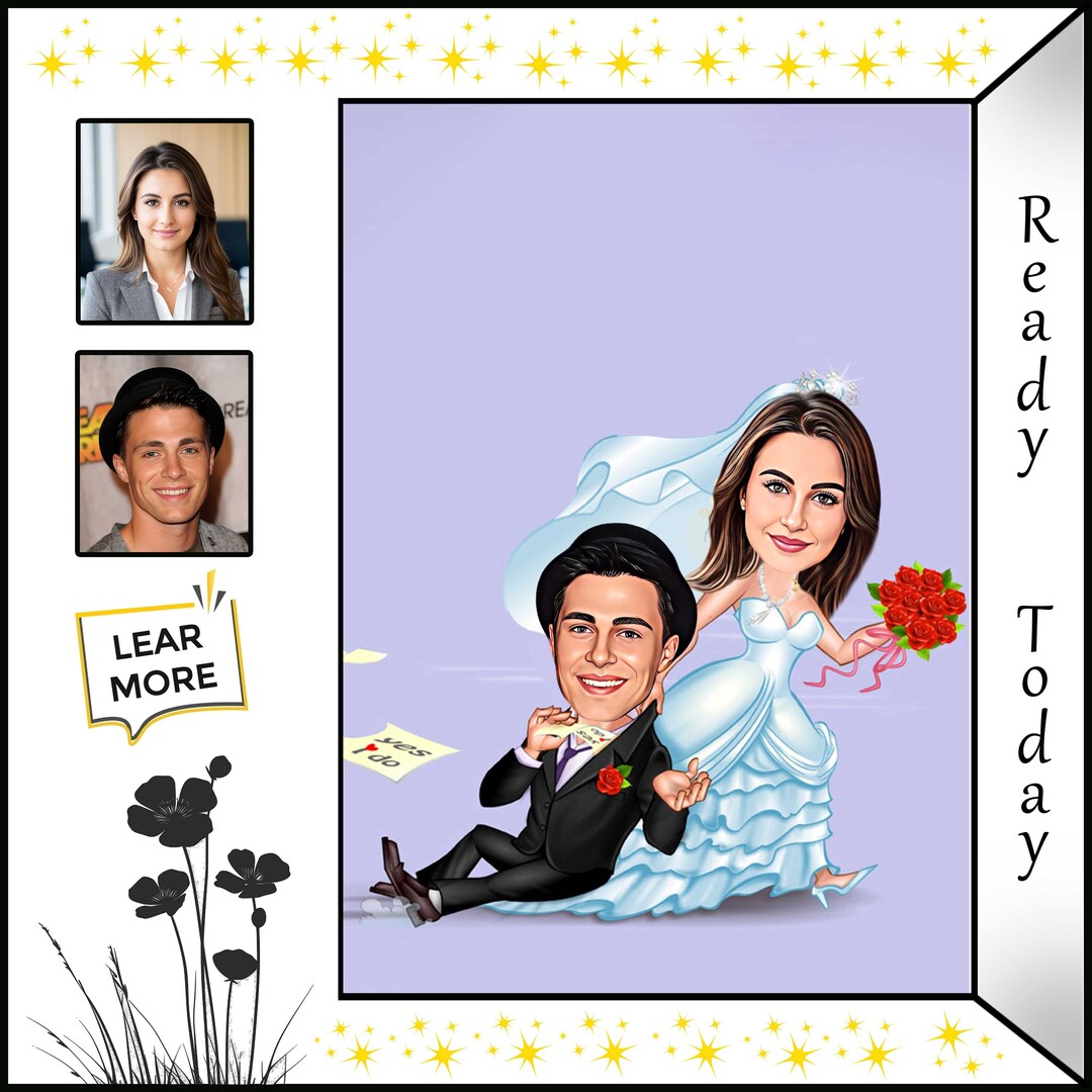 Custom Couple Cartoon Portrait Personalized Bride and Groom Digital Art ...
