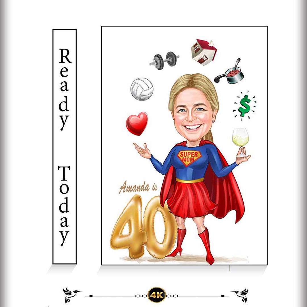 40th Birthday Caricature - Super Mom Cartoon, Woman With Cape ...