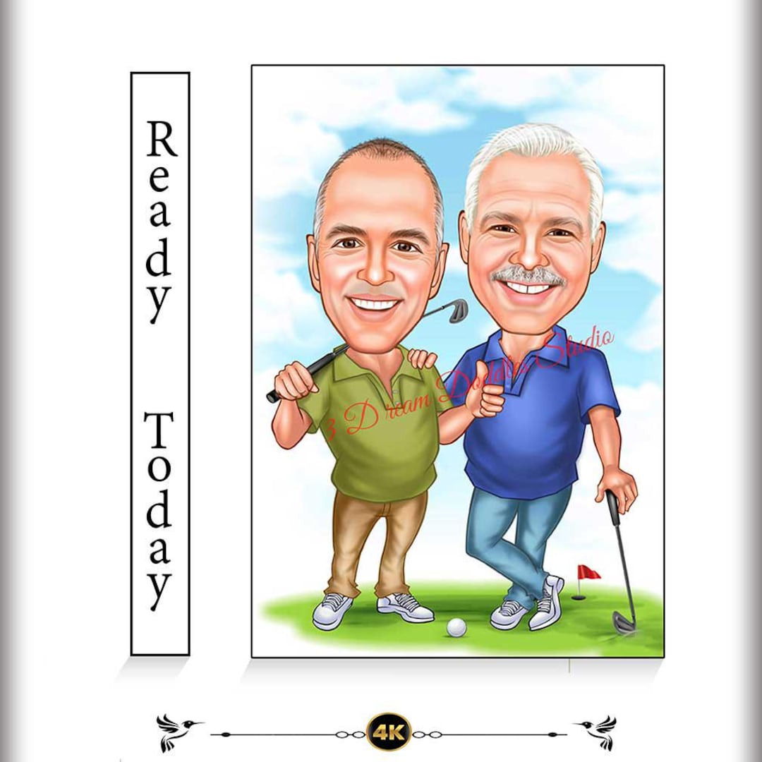 Custom Golf Caricature - Funny Cartoon of Two Men Playing Golf, Digital ...