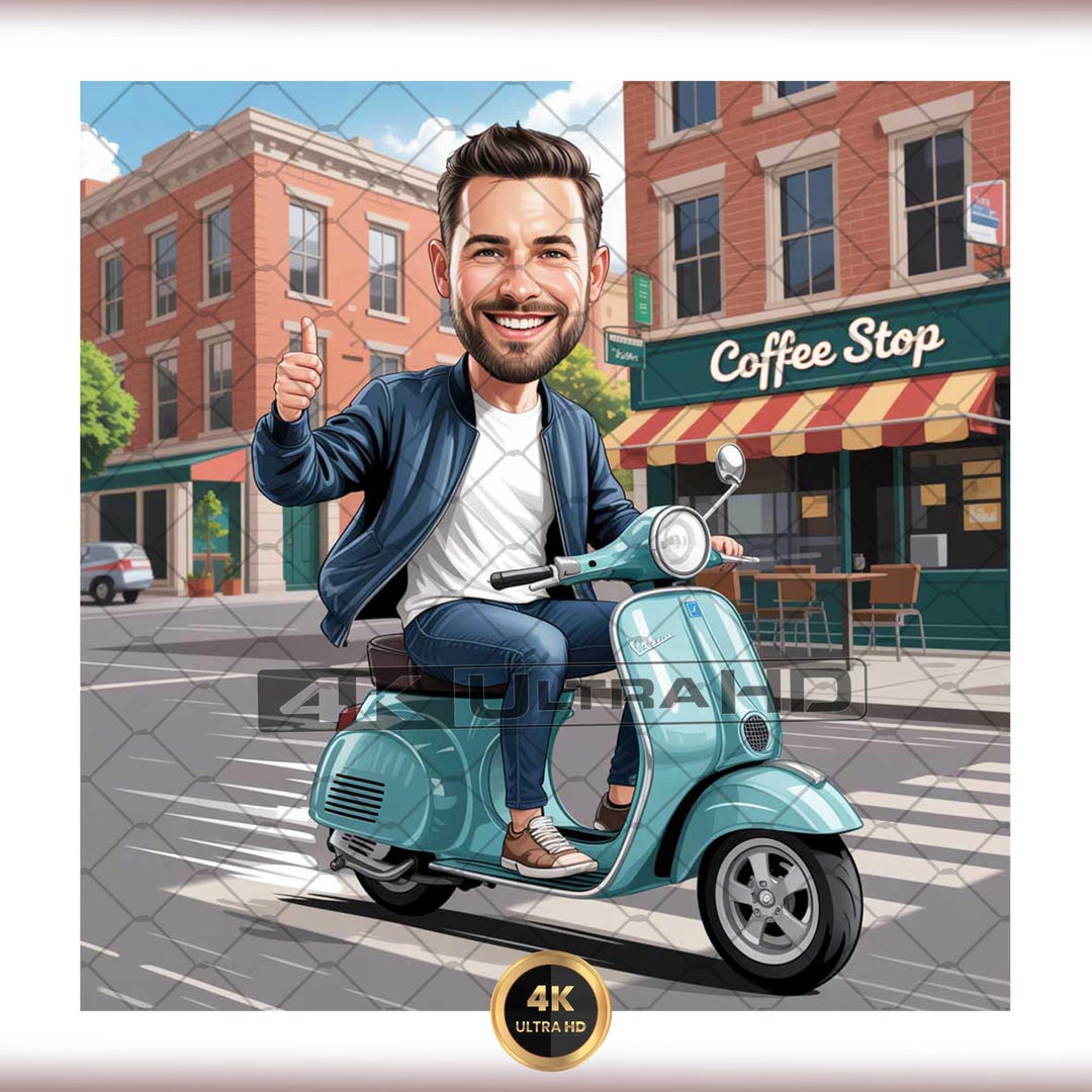 Scooter Rider Caricature | Custom Vespa Cartoon Portrait | Personalized ...