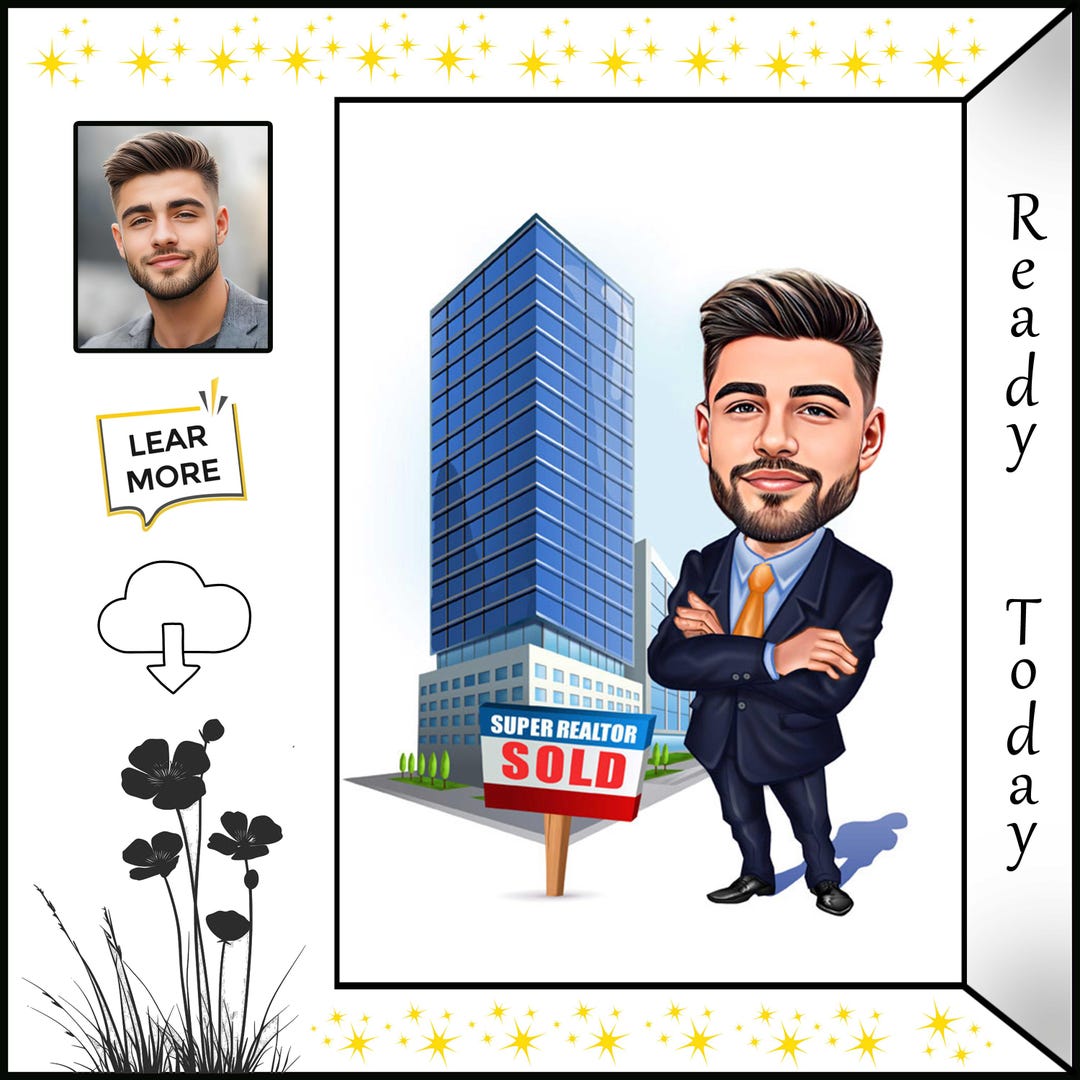Custom Caricature Cartoon of Real Estate Agent - Office, Skyscraper ...