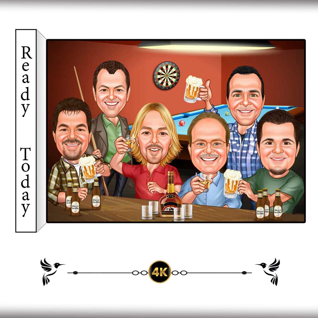 Men's Night Out Caricature - Group of Friends Bar Scene Illustration ...
