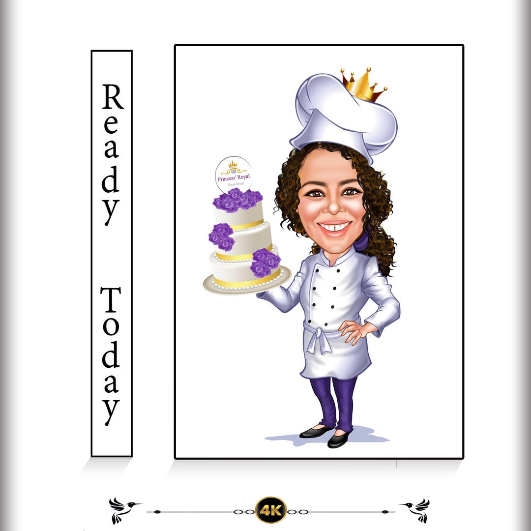 Custom Caricature Cartoon - Pastry Chef Baker With Crown Hat, Cake ...