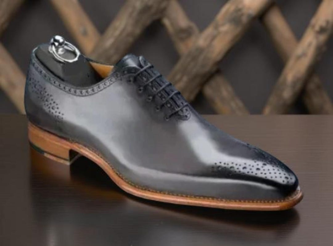 Handmade Men’s Real Gray Leather Oxford Brogue Dress Shoes – Casual or ...