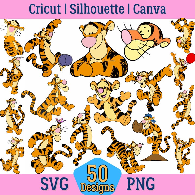50 Designs Tigger SVG Plus PNG Clipart Bundle for Cricut Silhouette and ...