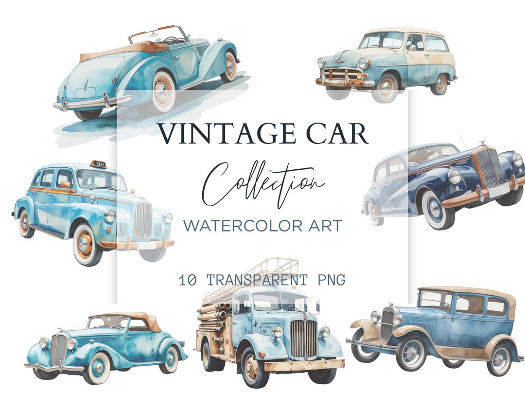 Watercolor Vintage Car Clipart – Retro Blue & Light Brown Vehicles for ...