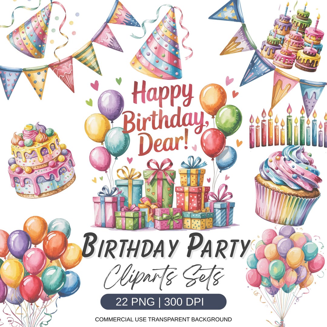 Watercolor Happy Birthday Clipart Set, Birthday Party Transparent PNG ...