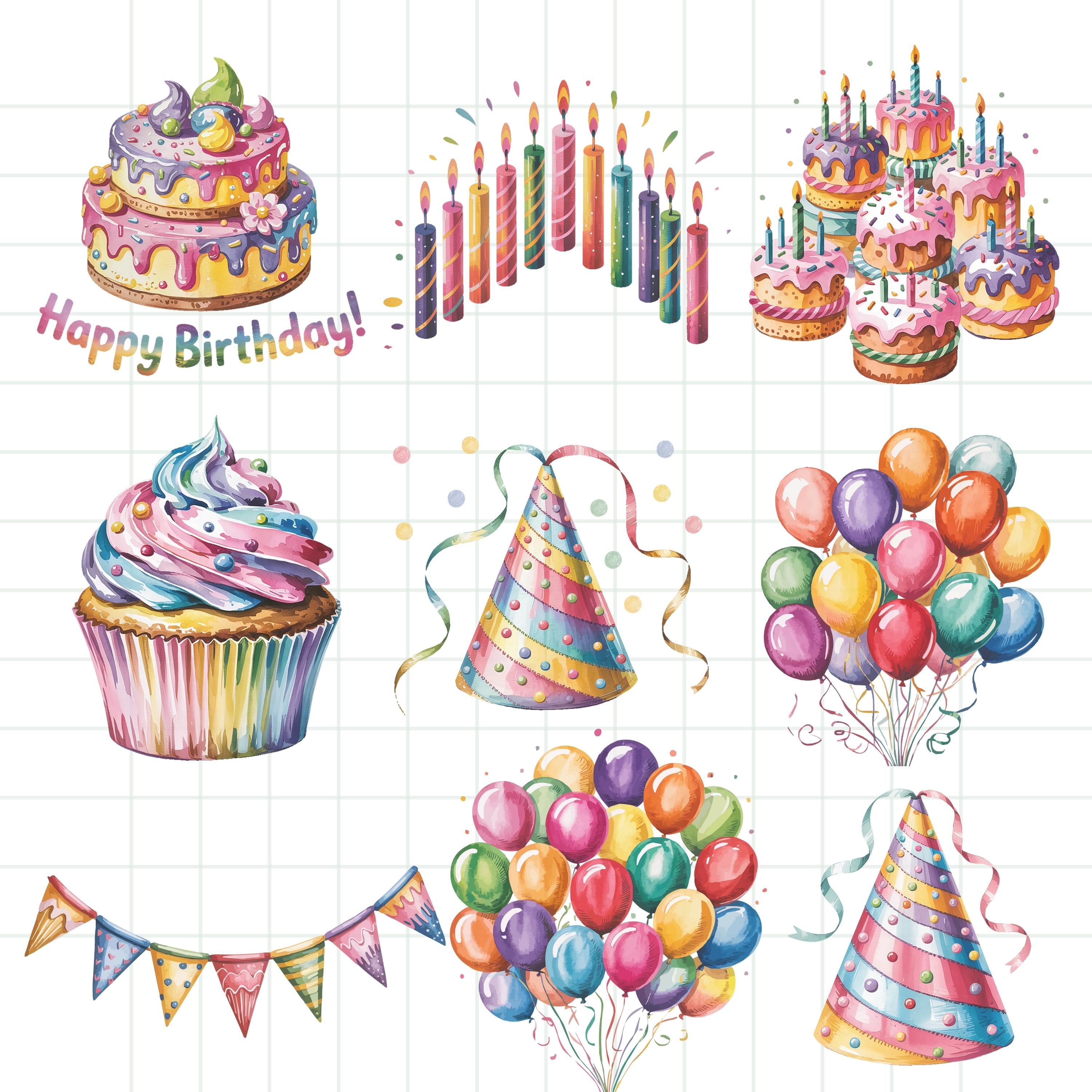 Watercolor Happy Birthday Clipart Set, Birthday Party Transparent PNG ...
