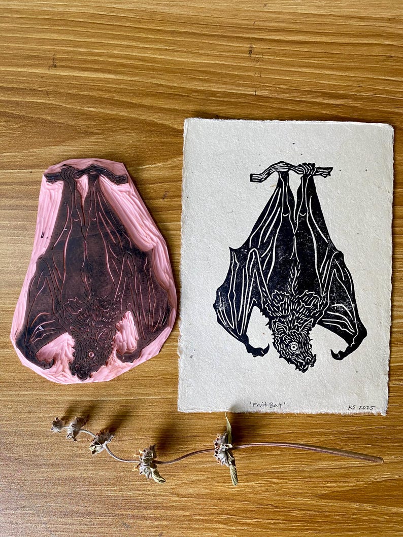 Fruit Bat Hanging Mammal Lino Cut Print Relief Print - Etsy