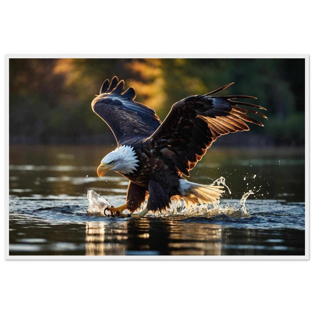 Bald Eagle Hunting Fish Framed Poster - Stunning Sunrise Wall Art ...