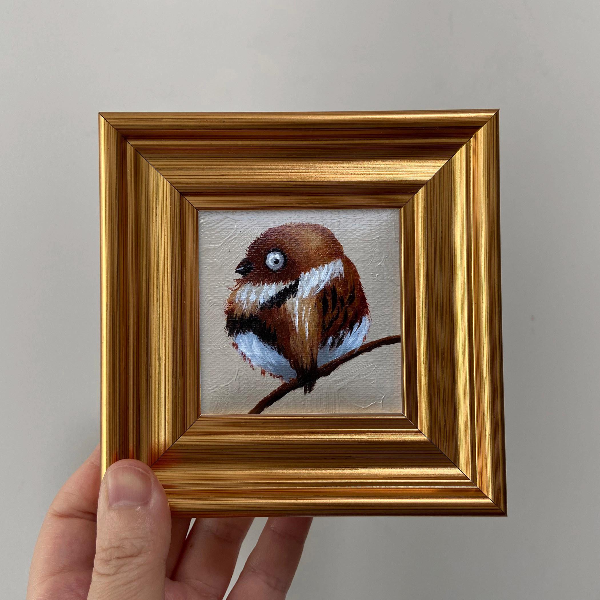 Small Bird Art: Framed Miniature Oil Painting, Desk Decor (4x4 Inch ...