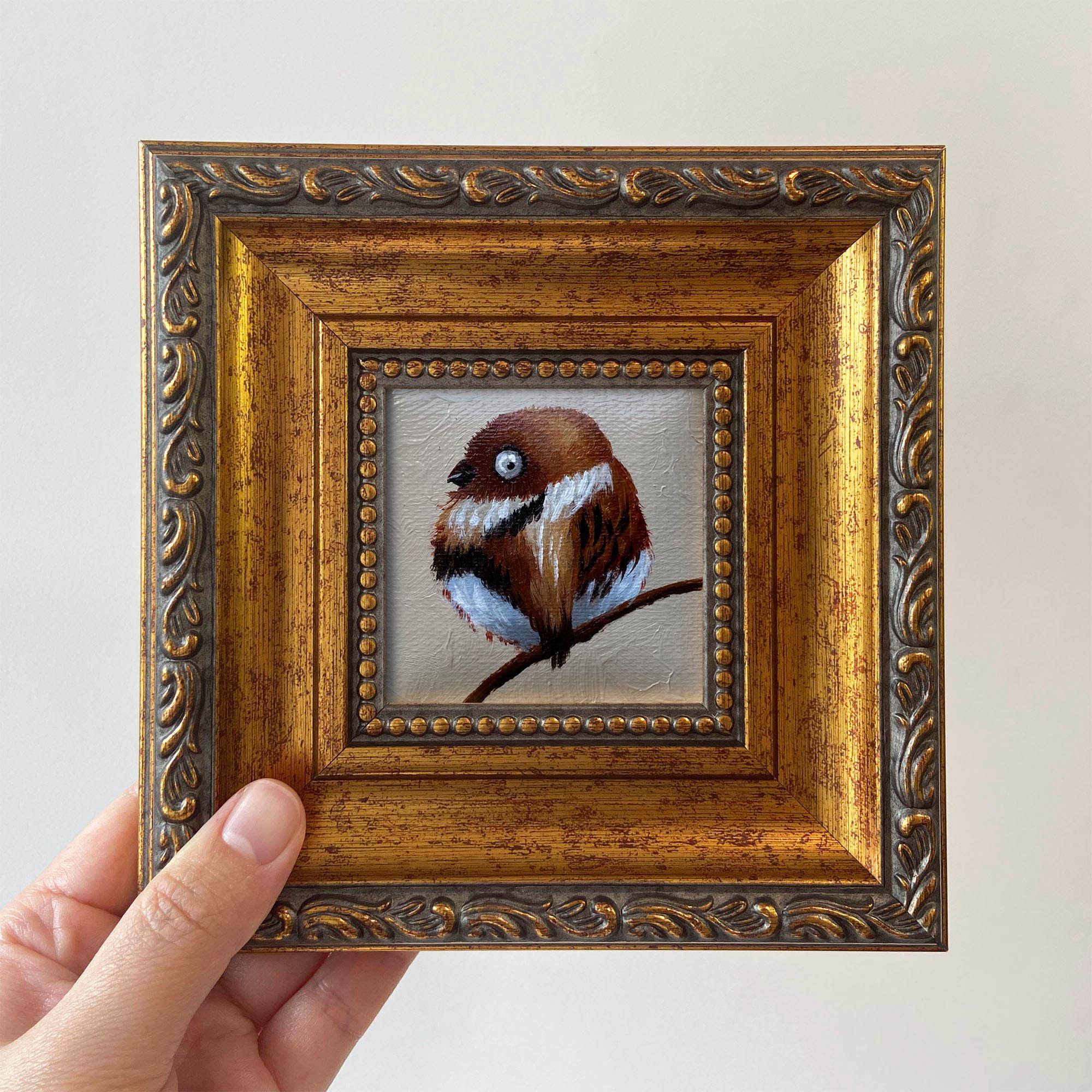 Small Bird Art: Framed Miniature Oil Painting, Desk Decor (4x4 Inch ...