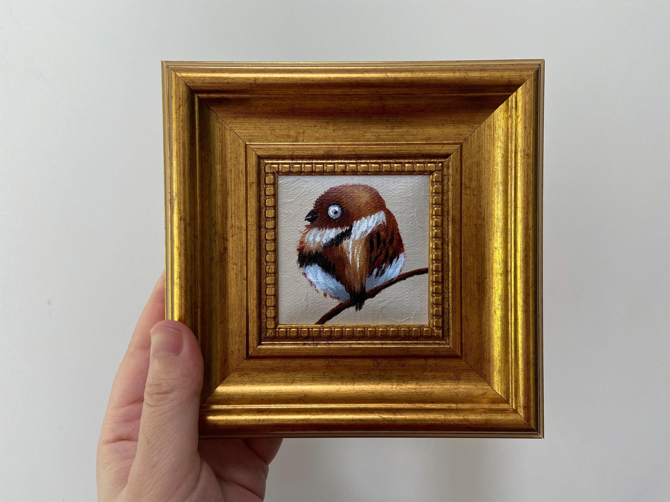 Small Bird Art: Framed Miniature Oil Painting, Desk Decor (4x4 Inch ...
