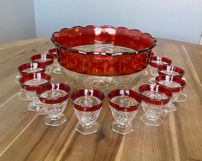Vintage Ruby Red Glass Punch Bowl Set With 12 Cups - Vintage Lexington ...