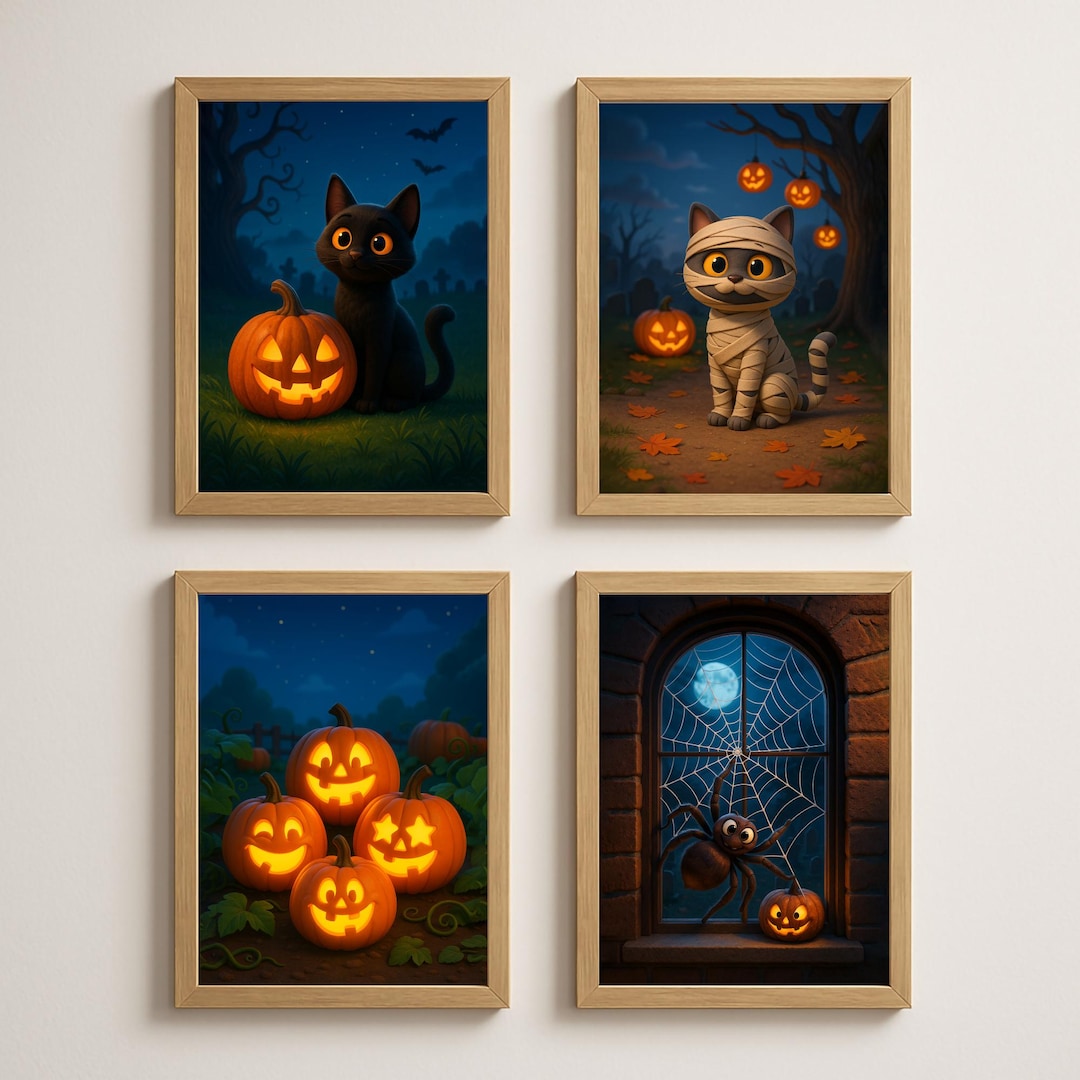 Halloween Printable Wall Art Set of 4 – Cute Pumpkins, Black Cat ...