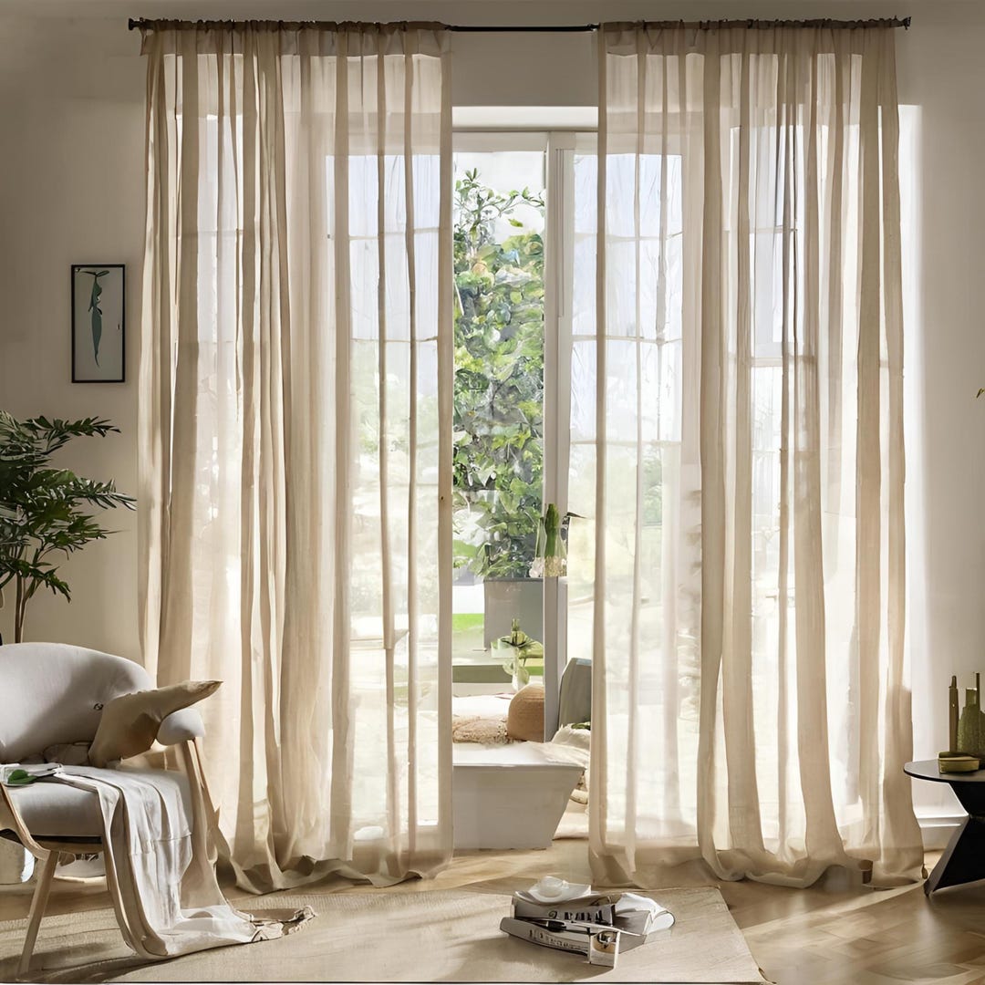 Linen Sheer Curtain Panels for Bedroom, Living Room, 16 Colors, Grommet ...