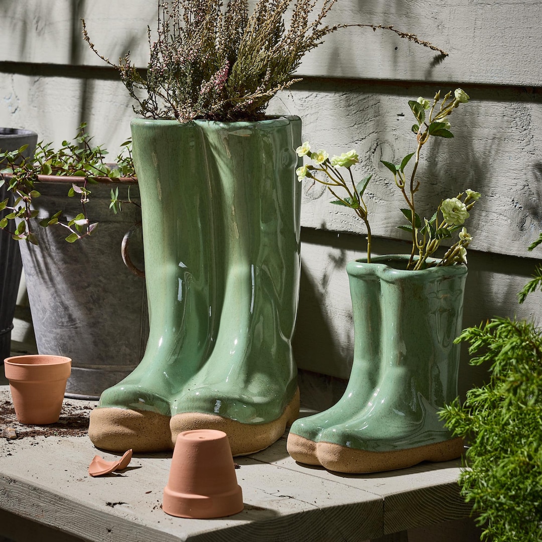 Green Ceramic Welly Boot Planter Indoor Outdoor Garden Décor Flower Pot ...