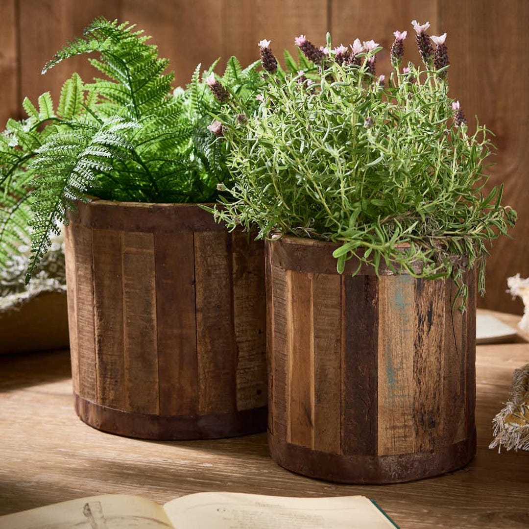 Vintage Style Barrel Planters Set of 2 Reclaimed Wood Keg Flower Pot ...