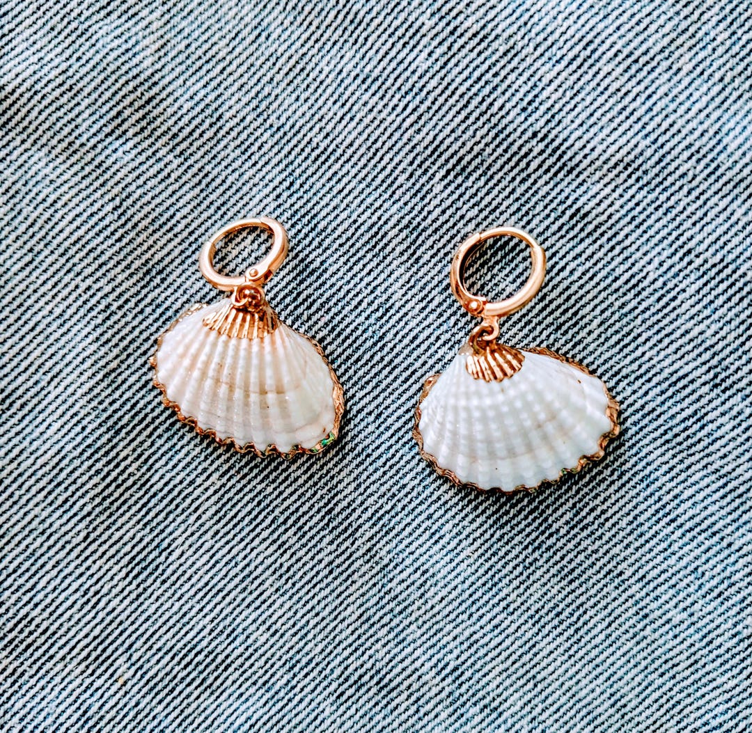 Dangle Seashell Earrings Vacation Jewelry Gifts for Her Gold Trimmed ...
