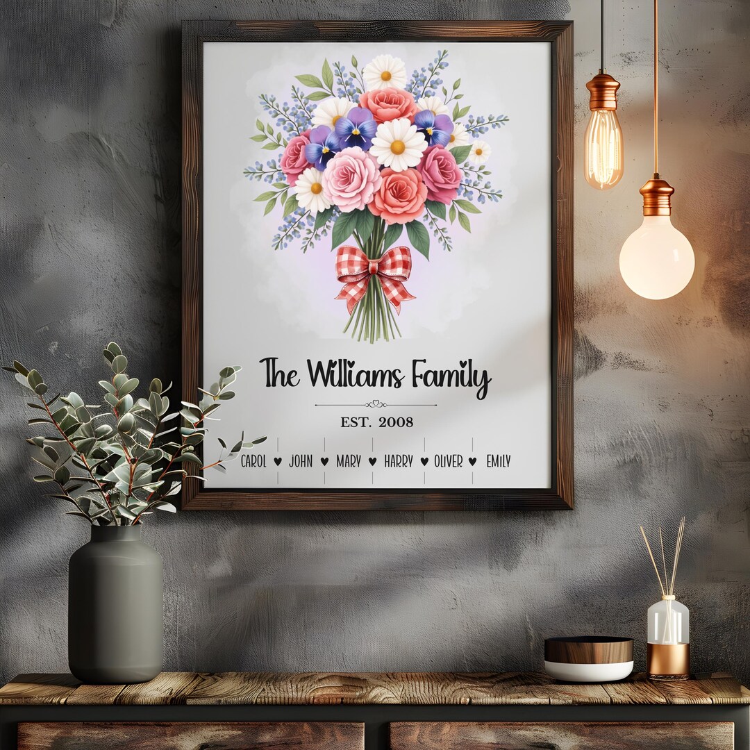Personalized Birth Flower Family Print, Custom Watercolor Bouquet Art ...