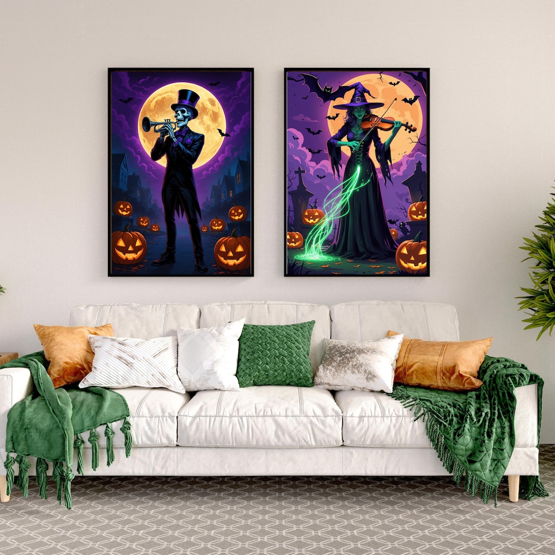Halloween Orchestra Wall Art Set – Spooky Witch, Ghost Pianist ...