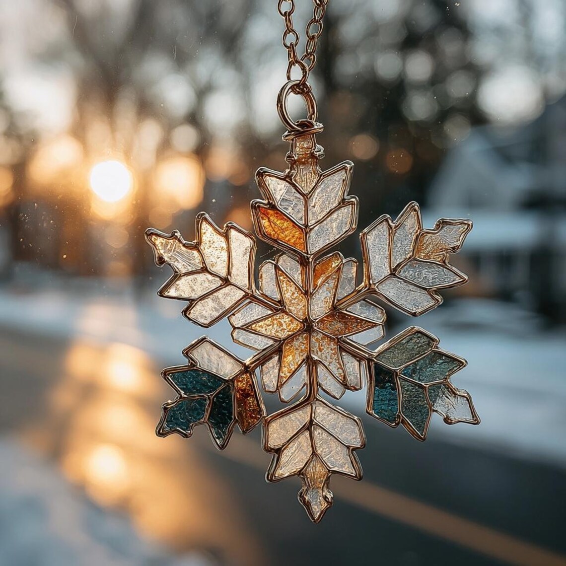 REAL Stained Glass Snowflake Suncatcher, Winter Window Hanging Ornament ...