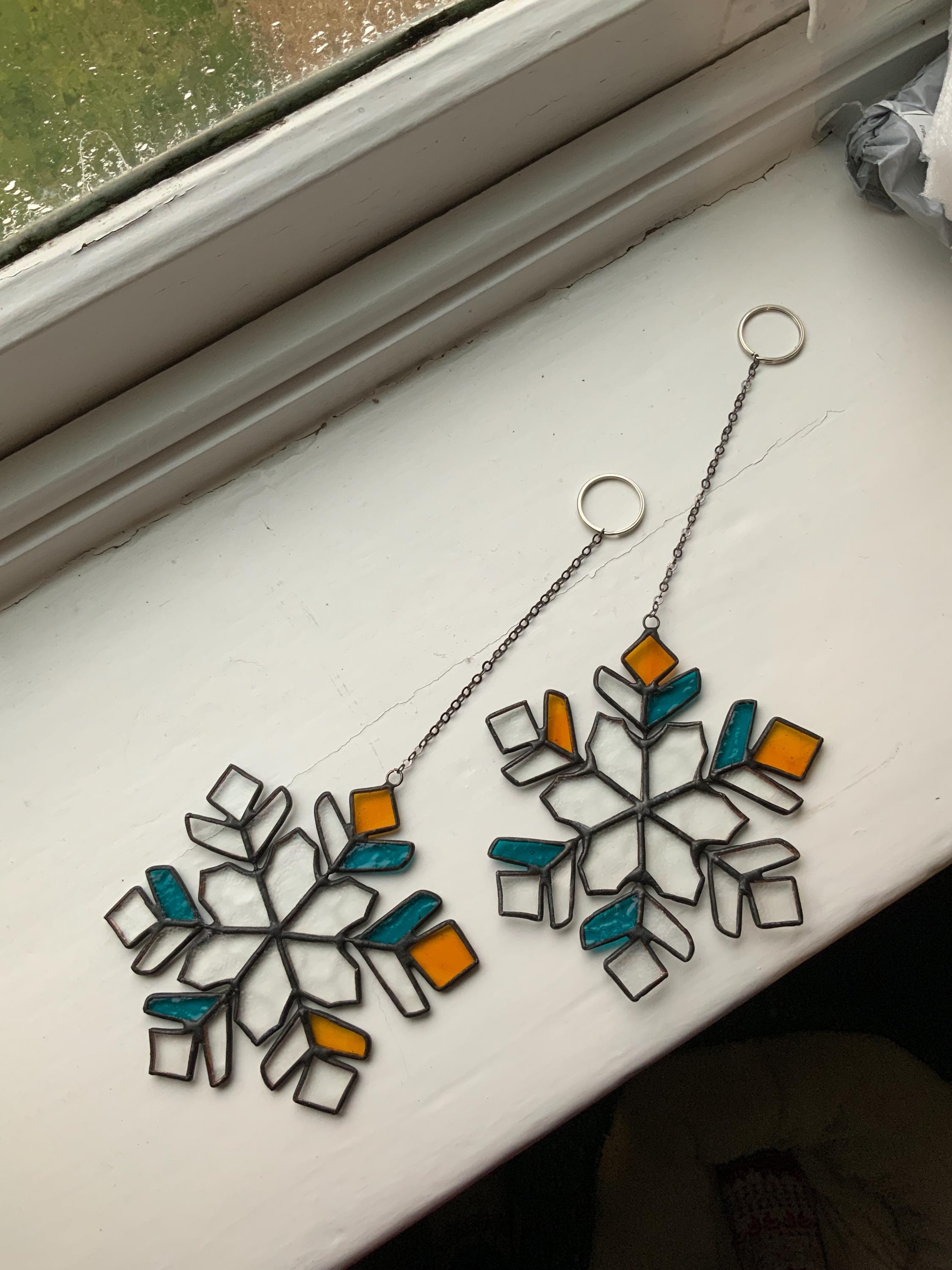 REAL Stained Glass Snowflake Suncatcher, Winter Window Hanging Ornament ...