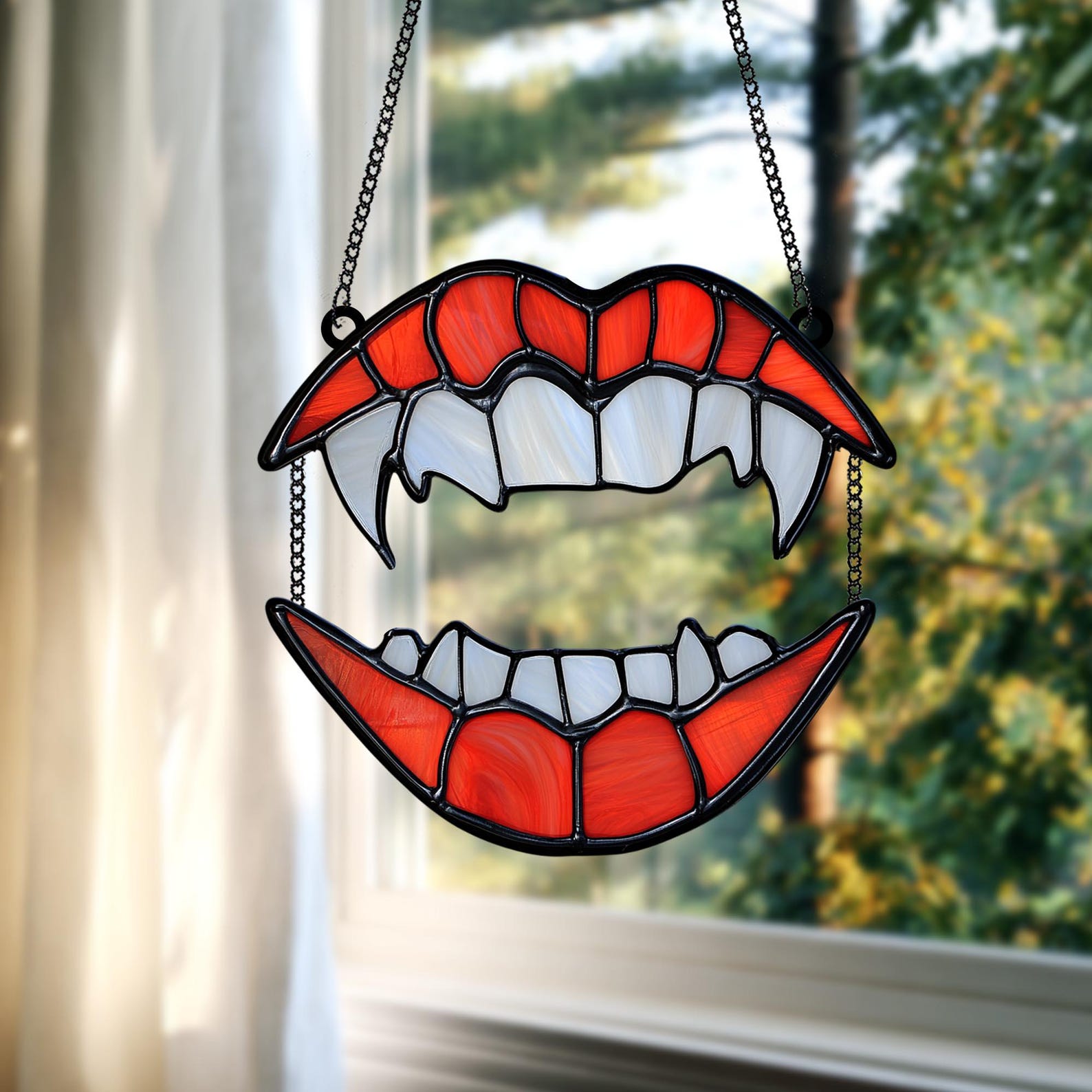 Vampire Fangs Real Stained Glass Suncatcher, Spooky Lips Window Hanging ...