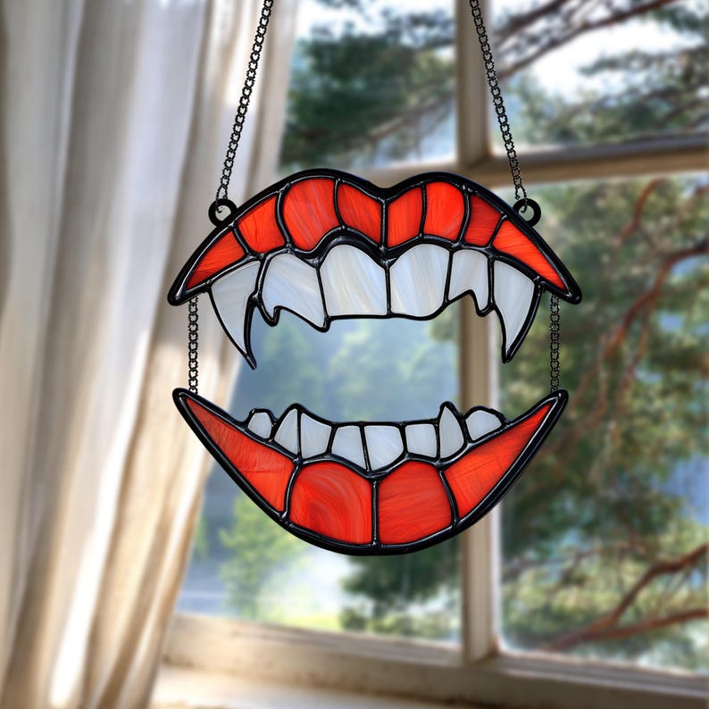 Vampire Fangs Real Stained Glass Suncatcher, Spooky Lips Window Hanging ...
