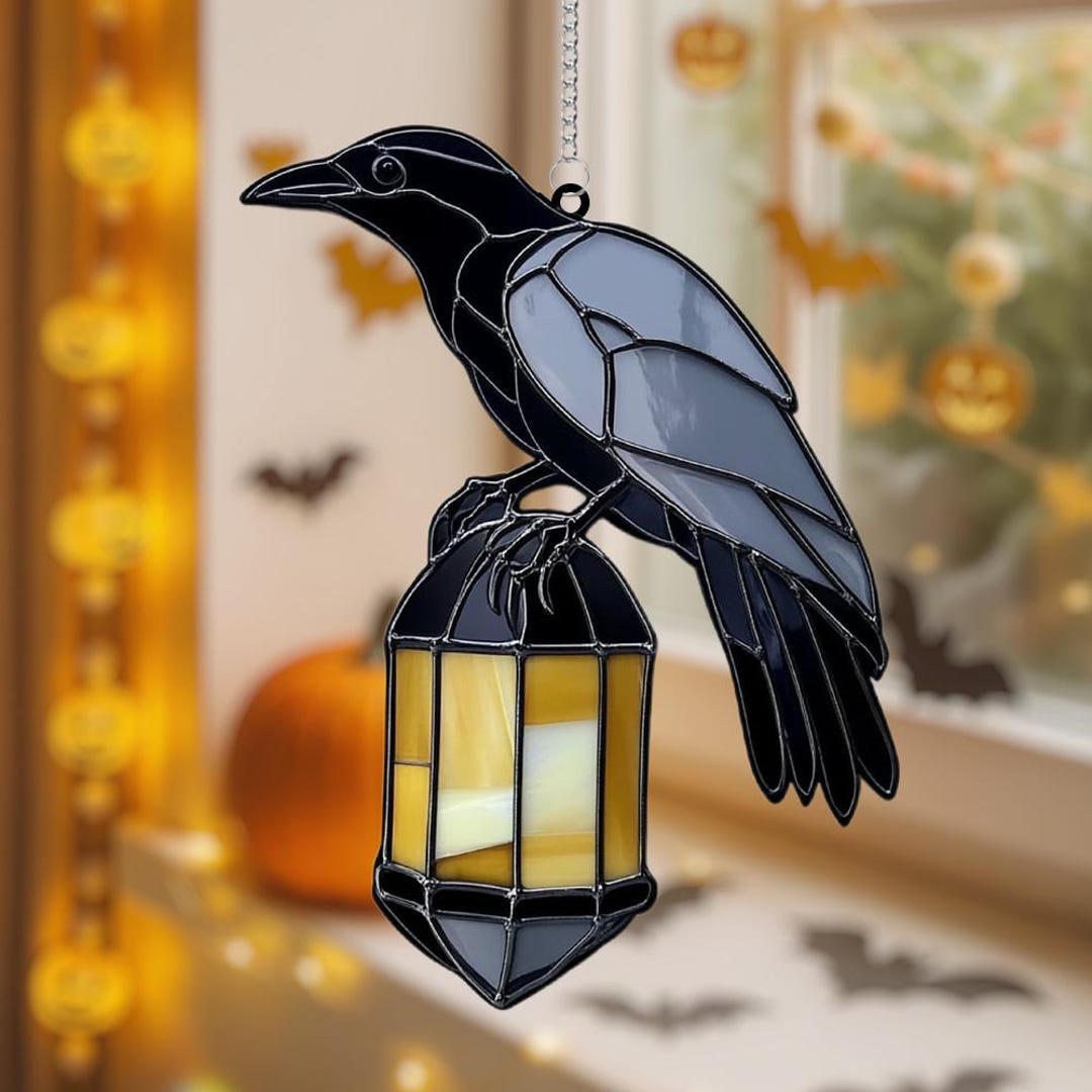 Black Raven on Lamp REAL Stained Glass Window Suncatcher, Glass Raven ...